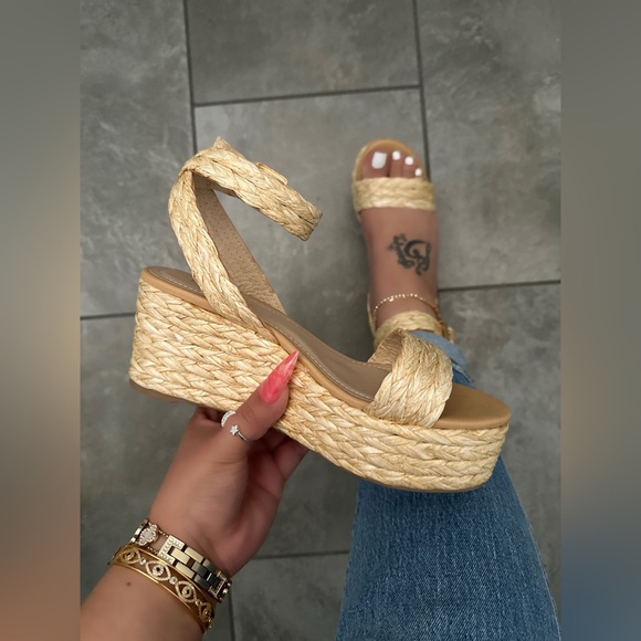 Shoes | New Natural Straw Woven Ankle Strap Platform Raffia Wedge ...